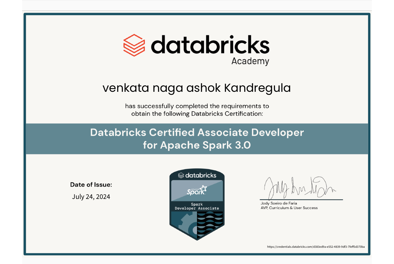 Databricks Certified Associate Developer for Apache Spark 3.0 • venkata naga ashok Kandregula ...