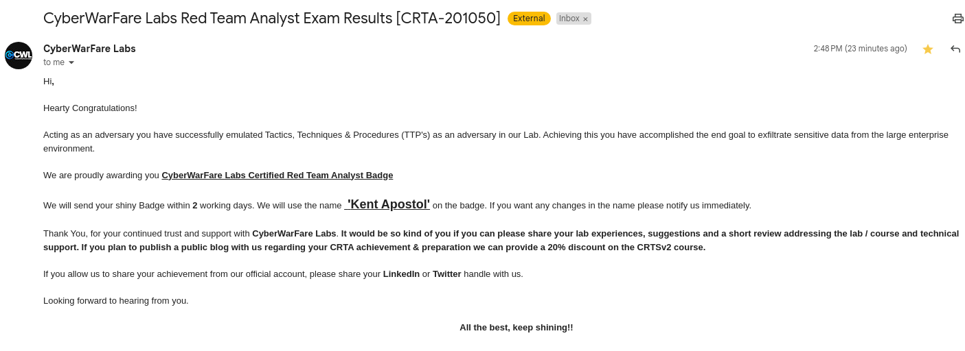 Certified Red Team Analyst • Kent Apostol • CWL : Advanced Cyber Attack ...