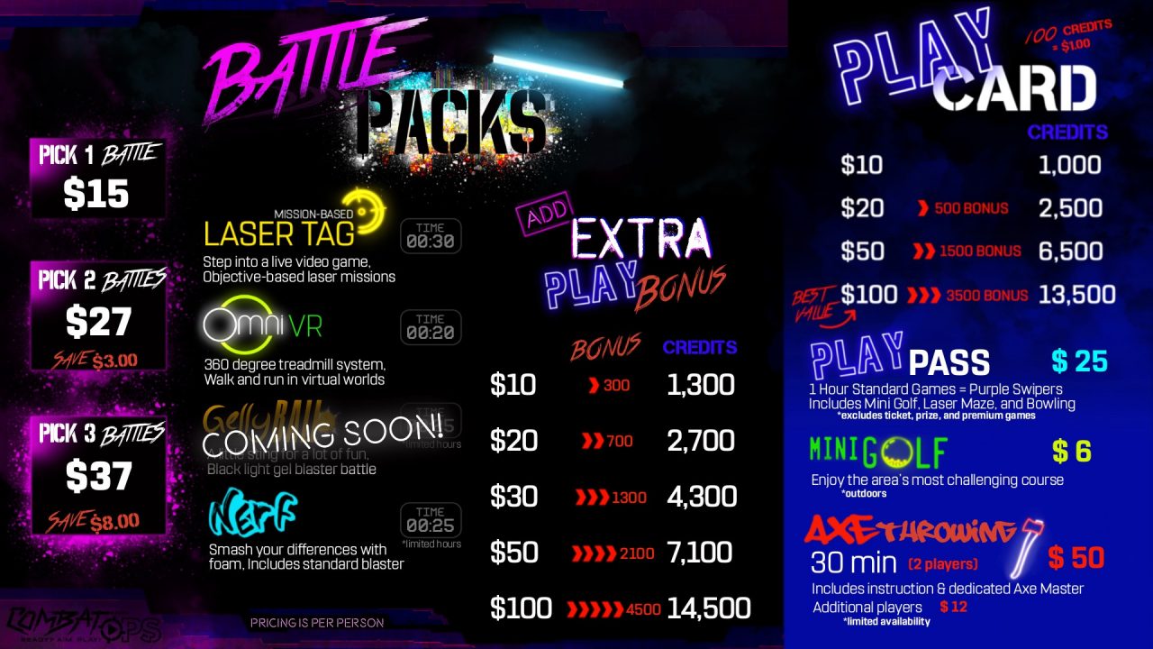 Hours & Pricing | Combat Ops Entertainment