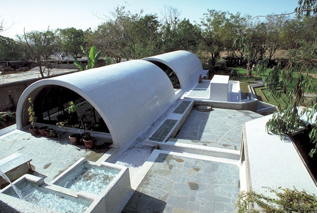 Sangath | View of the vaulted roof over the studio | Archnet