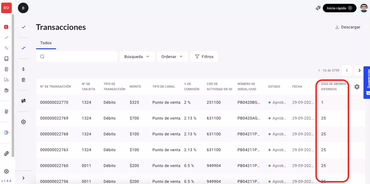 Visualización de días de abonos diferidos en Cuenta de Pago