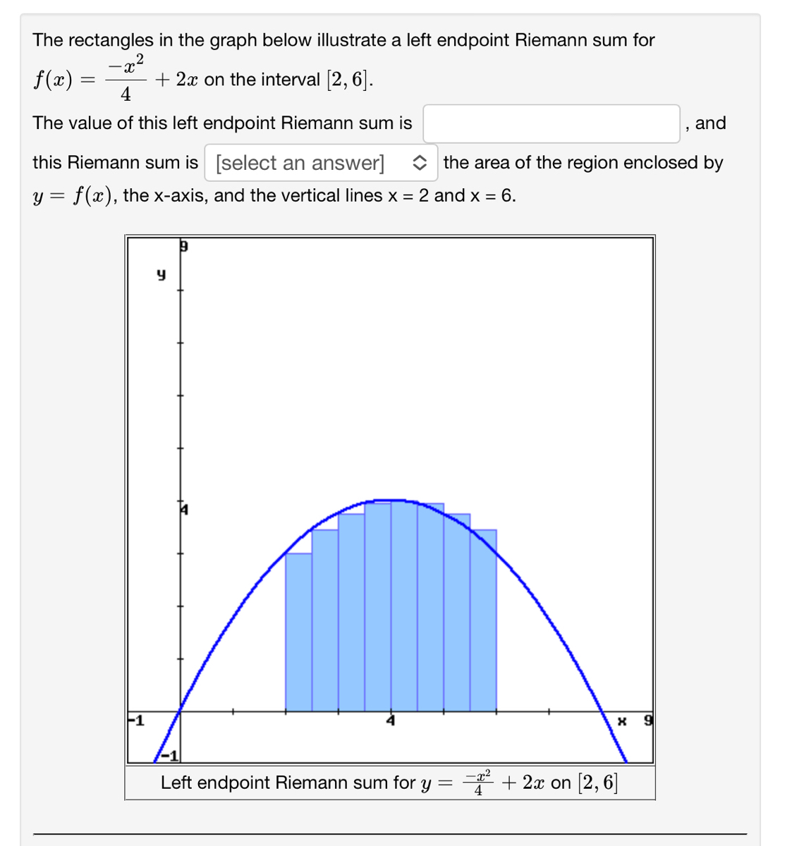 The rectangles in the graph below illustrate a left endpoint Riemann ... The rectangles in the graph below illustrate a left endpoint Riemann ...